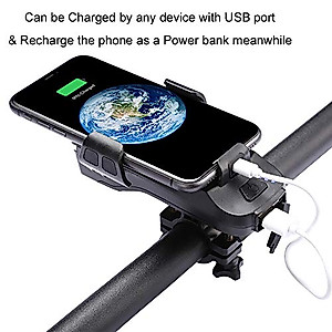 Multifunctional Bike LED Headlight 4000mAh Bicycle Front Lamp 550 Lumens USB Rechargeable Waterproof Cycling Light with Solar Power Bank & Loud Horn & Phone Bracket Holder (with Solar Power)