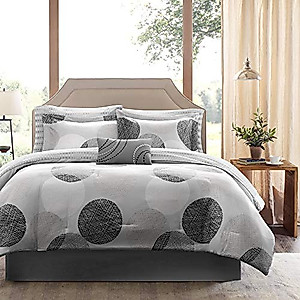 Madison Park Essentials Bed in a Bag Comforter, Vibrant Color Design All Season Down Alternative Cover with Complete Cotton Sheet Set, Queen(90"x90"), Knowles, Circular Grey, 9 Piece