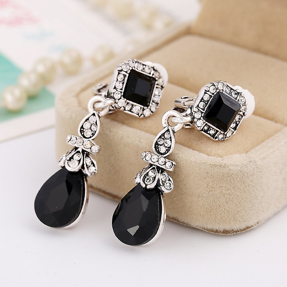 Bridal Vintage Earring Long Resin Rhinestone Clip on Earrings Without Piercing For Women (Black)