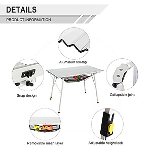 PORTAL Portable Camping Table Aluminum Folding Camp Table Roll Up Table with 1 Adjustable Leg, Mesh Layer and Carry Bag for Outdoor, Picnic, Grill, Kitchen, Silver, Large Space (47.2 x 27.6 inch)