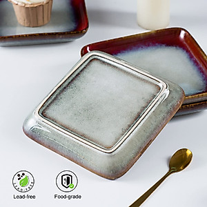 Ceramic Square Plate Sets - Dessert, Appetizer, Snack, Small Dinner Plate Scratch Resistant, Porcelain Serving Side Dish 6.3 Inch Microwave & Oven, Dishwasher Safe - Set of 4, Reactive Red