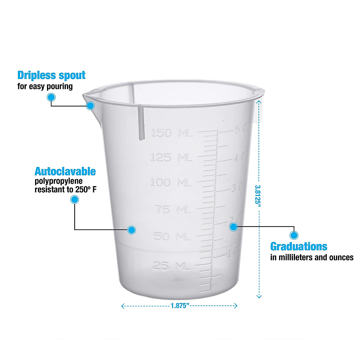 Consolidated Plastics 45381 Disposable Beaker, Polypropylene, 150 mL, 100 Piece