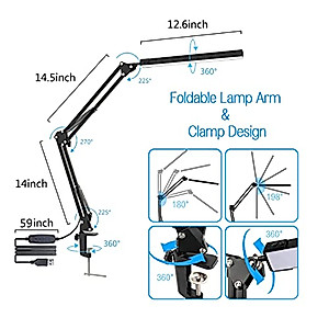 TROPICALTREE LED Desk Lamp, Swing arm Desk Light with clamp, 3 Lighting 10 Brightness Eye-Caring Modes, Reading Desk Lamps for Home Office 360 Degree Spin with USB Adapter & Memory Function black-14W