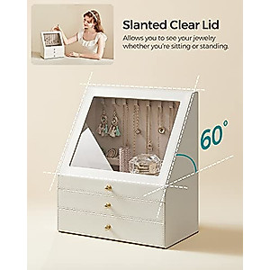SONGMICS Jewelry Box with Slanted Glass Window, 3-Layer Jewelry Organizer, 2 Drawers, Jewelry Storage, Modern Style, Window Display, Cloud White UJBC163W01