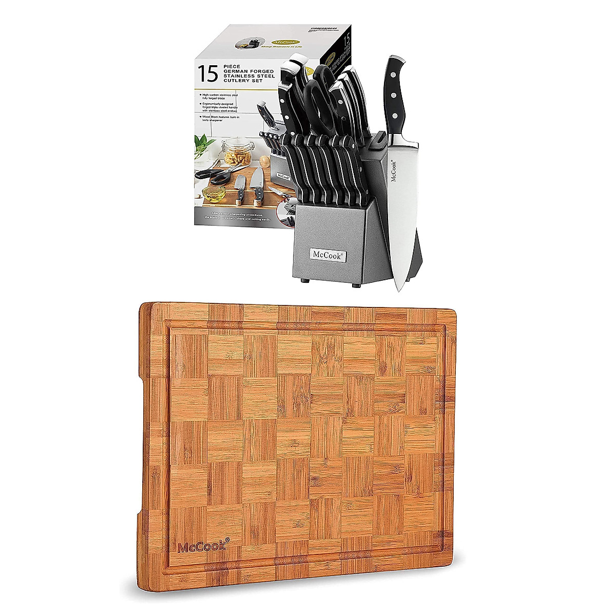 McCook MC25A German Stainless Steel Knife Block Sets with Built-in Sharpener + MCW12 Bamboo Cutting Board (Large, 17”x12”x1”)