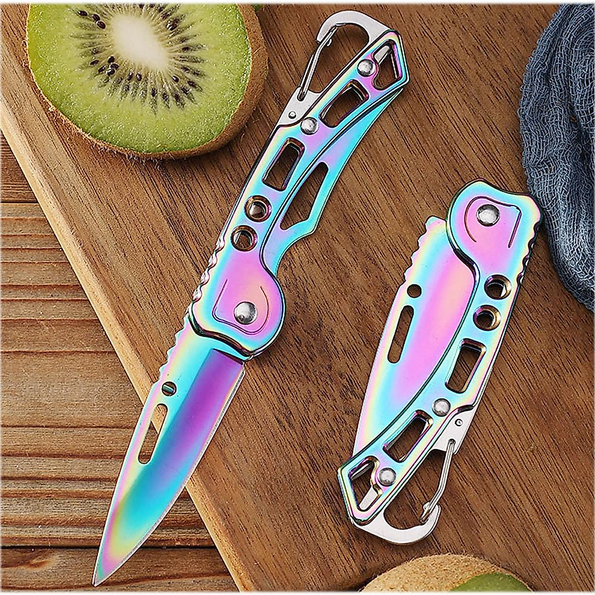 WWZJ 2 Pack Pocket Knife (Multicolored Titanium) with Key Ring Easy To Everyday Carry, Folding Knife Self-Defense