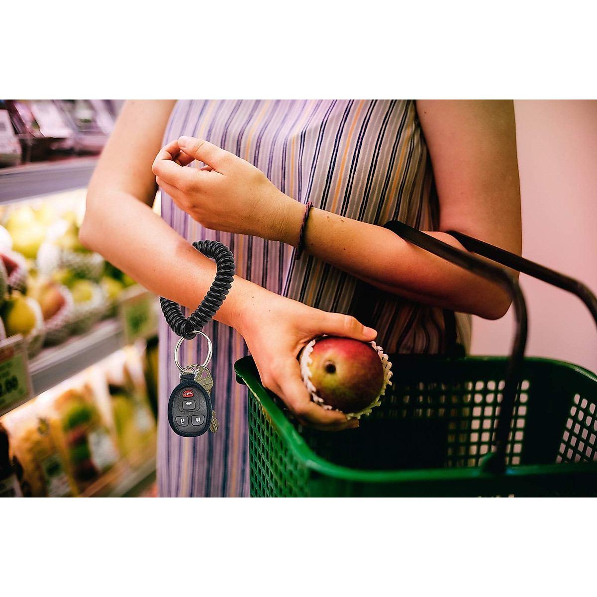 Lucky Line 2” Spiral Wrist Coil with Steel Key Ring, Multi-Color Flexible Wrist Band Key Chain Bracelet, Stretches to 12”, Black, 10 PK (41020)