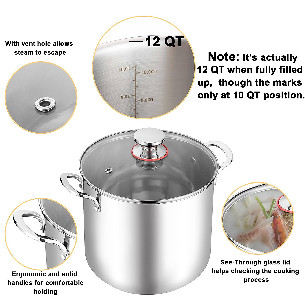 TeamFar 12 Quart Stock Pot, 18/10 Stainless Steel Large Cooking Soup Pot with Lid for Simmering/Stewing, for Induction/Gas/Ceramic, Healthy & Heavy-Duty, Riveted Handles & Dishwasher Safe