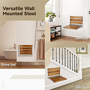 Folding Teak Shower Seat Wall Mounted, Hybodies Waterproof Wood Shower Bench, Wall Mounted Fold Down Wood Stool, Home Care Shower Chair Bench for Pregnants Seniors, Maximum Load 440lb