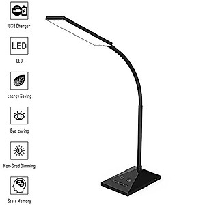 VICFUN LED Desk Lamp, 5 Color Modes with 7 Levels of Brightness, Eye-Caring Dimmable Table Lamp Office Lamp with USB Charging Port, Touch Control Sensitive Dimmable 12W Black