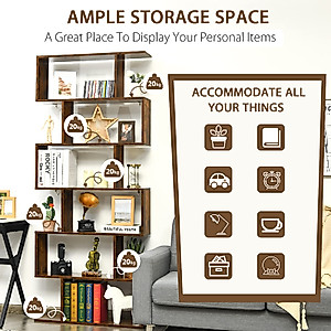 BETTARY 6-Tier Bookshelf, Freestanding S-Shaped Geometric Display Shelf, Modern Tall Bookcase for Home Office, Living Room, Bedroom, Coffee