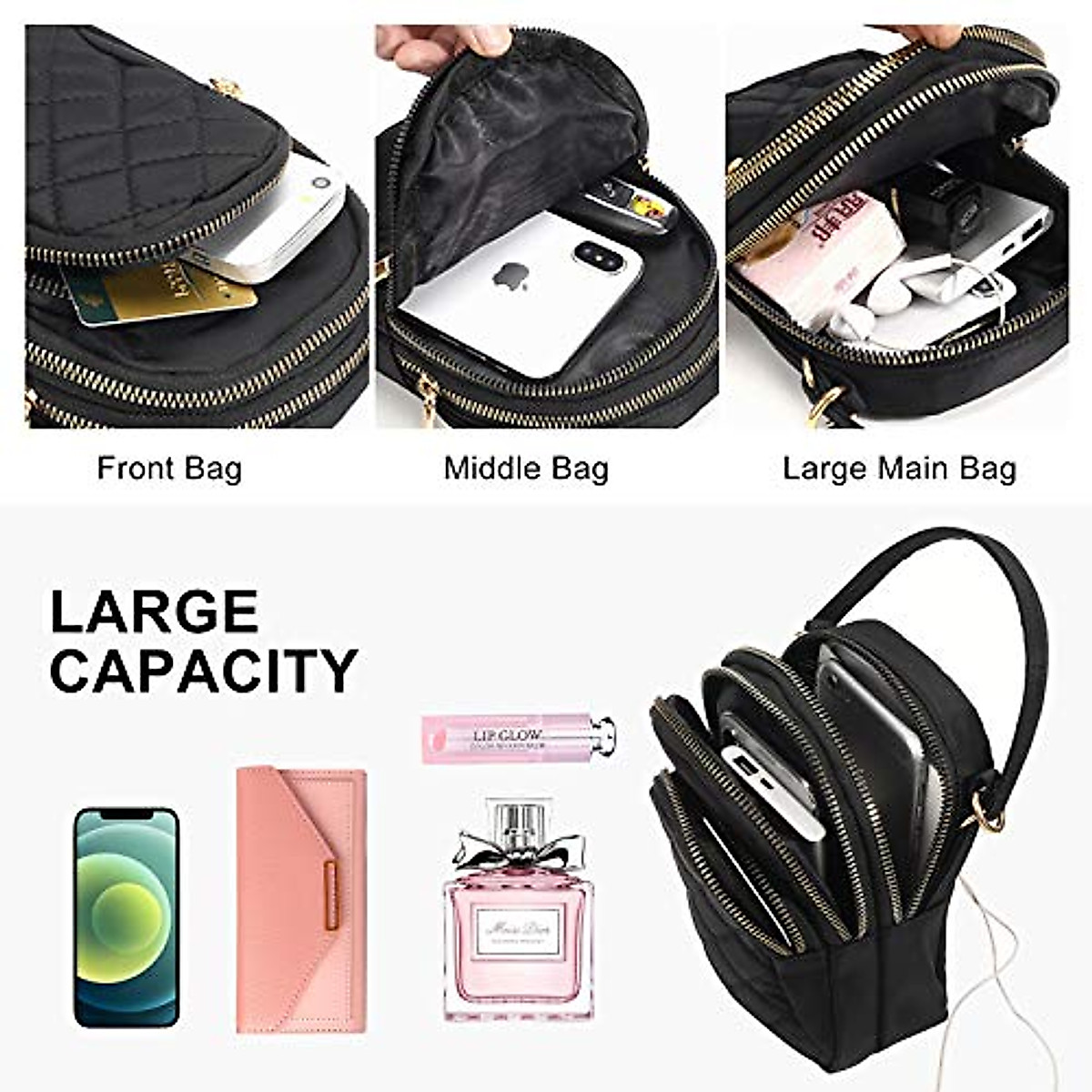Small Multi Pocket Crossbody Phone Purse Black Women Quilted Crossbody Cell Phone Bag with Strap Shoulder Bag Iphone Handbag Cross Body Bag