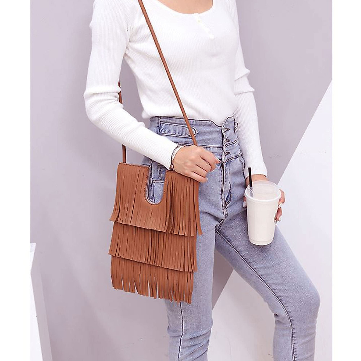 Quniko Cowgirl Crossbody Bag Fringe Messenger Bag Purse for Women Girls, Brown