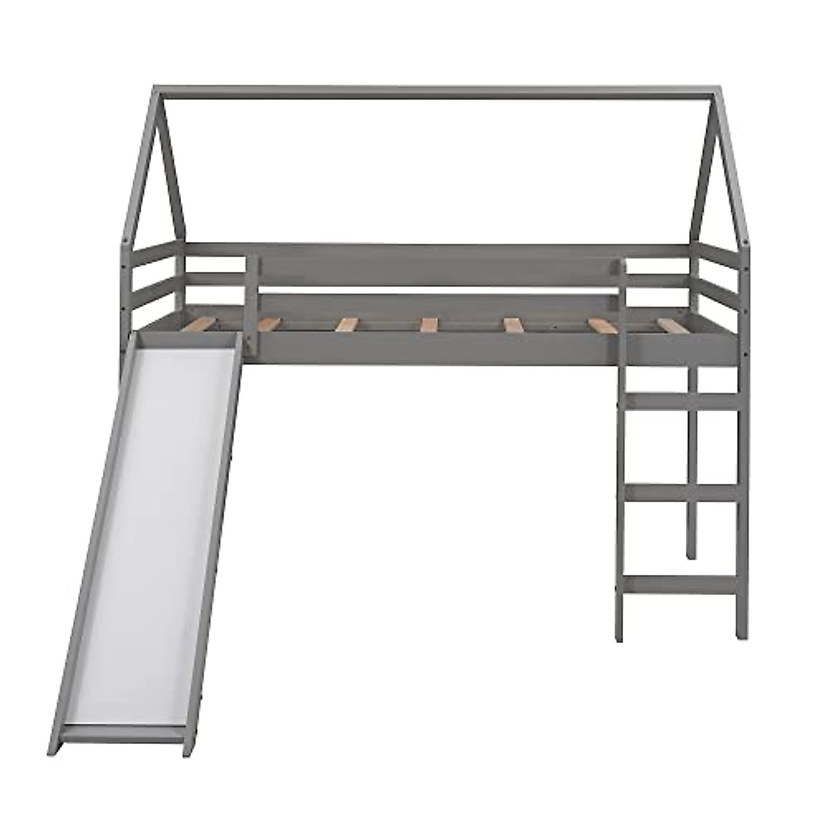CITYLIGHT Kids Loft Bed with Slide, Twin Loft Bed Frame,House Bed Loft Twin Bed, Wood Low Loft Bed Twin with Roof for Girls Boys, No Box Spring Needed (Grey,Twin Size)