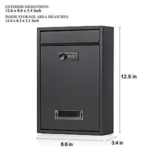 Locking Mailbox Wall Mounted Vertical- Jssmst Mail Boxes with Combination Lock Large Capacity, 12.6 x 8.46 x 3.35 Inch, Black Matt