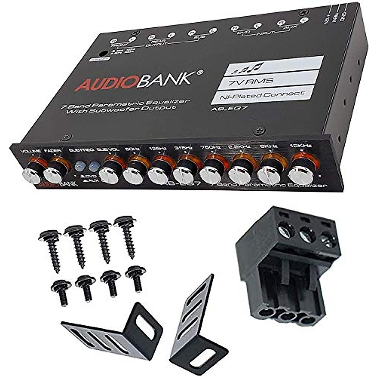 Audiobank EQ7 1/2 Din 7 Band Car Audio Equalizer EQ with Front, Rear/Frequency Adjustable /3 Stereo RCA Input for Portable Devices & Subwoofer Output -2nd Gen