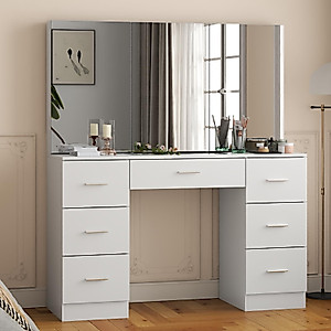 Makeup Vanity Desk with Large Mirror, 46" Modern Vanity Table with Wide Cabinet Mirrors, White Vanity with Tempered Glass Top & 7 Drawers. Makeup Table with adjustable shelf for bedroom(White)