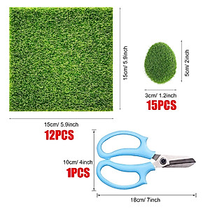 Cayway 28 PCS Artificial Garden Grass and Artificial Moss Rocks Decorative Set, 5.9 x 5.9Inch 12 PCS Fairy Artificial Grass and 15 PCS Green Moss Balls, Floral Scissors for Decoration, Fairy Gardens