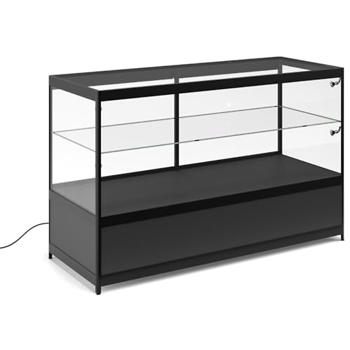 Displays2go 60 Inch Glass Showcase, Hidden Storage, LED Lights, Lockable Sliding Door - Black (IAPHV60LED)