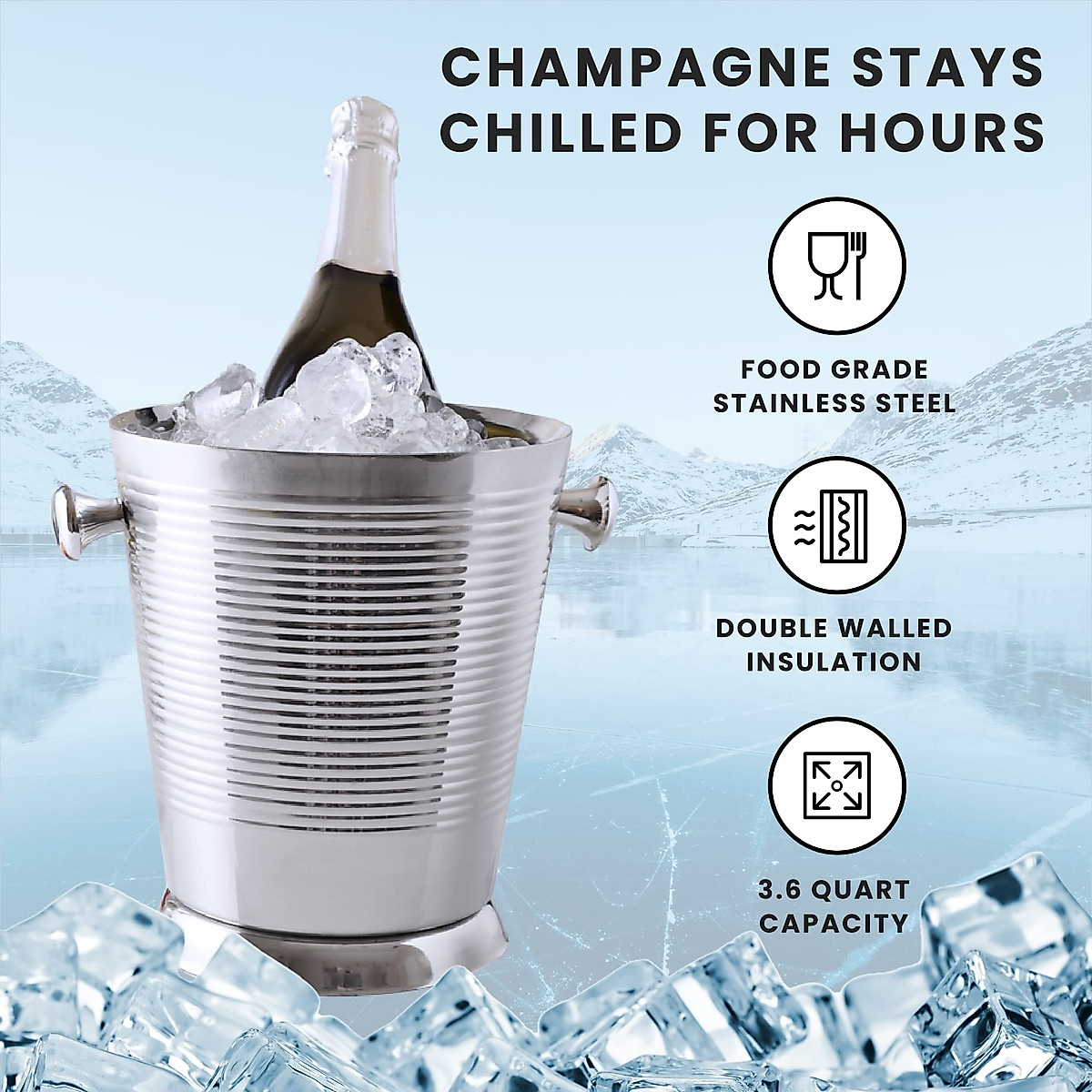 Sol Living Champagne Bucket - Double Wall Insulated Stainless Steel - Wine & Champagne Holder - Portable Chiller Bin for Bars, Parties, Commercial Use - Ribbed, 3.6 Qt