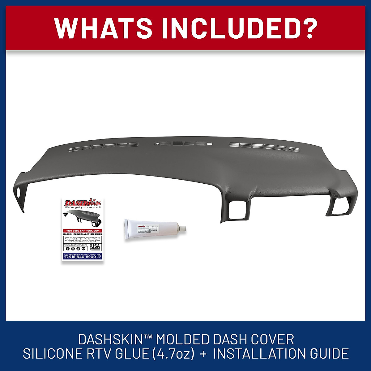 DashSkin USA Glue-on Molded Dash Cover Compatible with 00-06 GM SUVs (exc Escalade & Z71) and 99-06 Pickups in Dark Pewter (Dark Grey) - Easy Cracked Dashboard Fix - Made in America