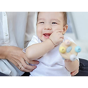 PlanToys Wooden Bell Rattle and Teether Toy (5250) | Pastel Color Collection |Sustainably Made from Rubberwood and Non-Toxic Paints and Dyes