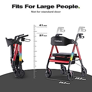OasisSpace Heavy Duty Rollator Walker - Bariatric Rollator Walker with Large Seat for Seniors Support Up 450 lbs (Red)