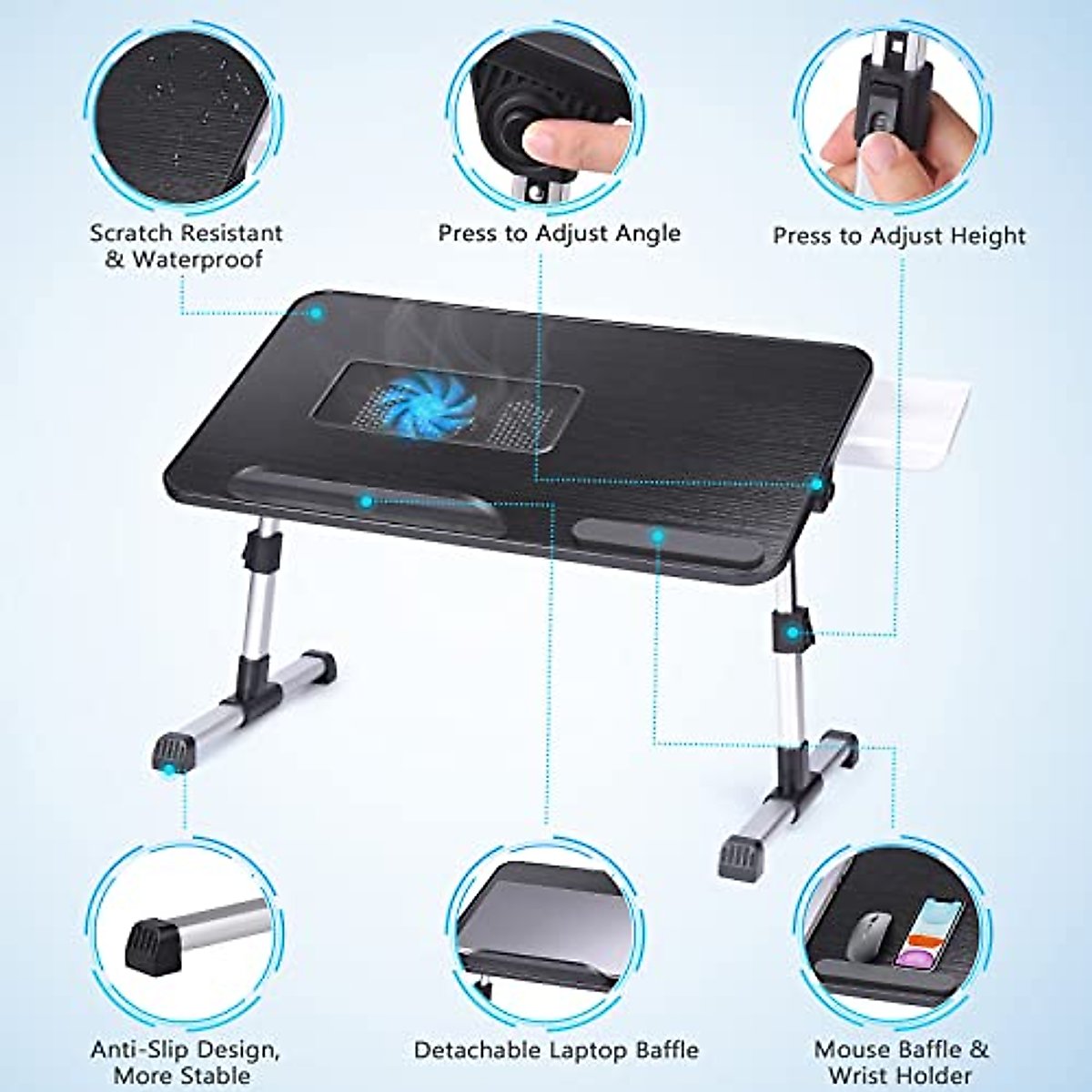Slendor Laptop Desk Adjustable Laptop Stand Foldable Bed Table Portable Lap Desk Folding Notebook Stand Reading and Writing Holder Breakfast Tray with Drawer and Cooling Fan for Bed Couch Sofa Floor