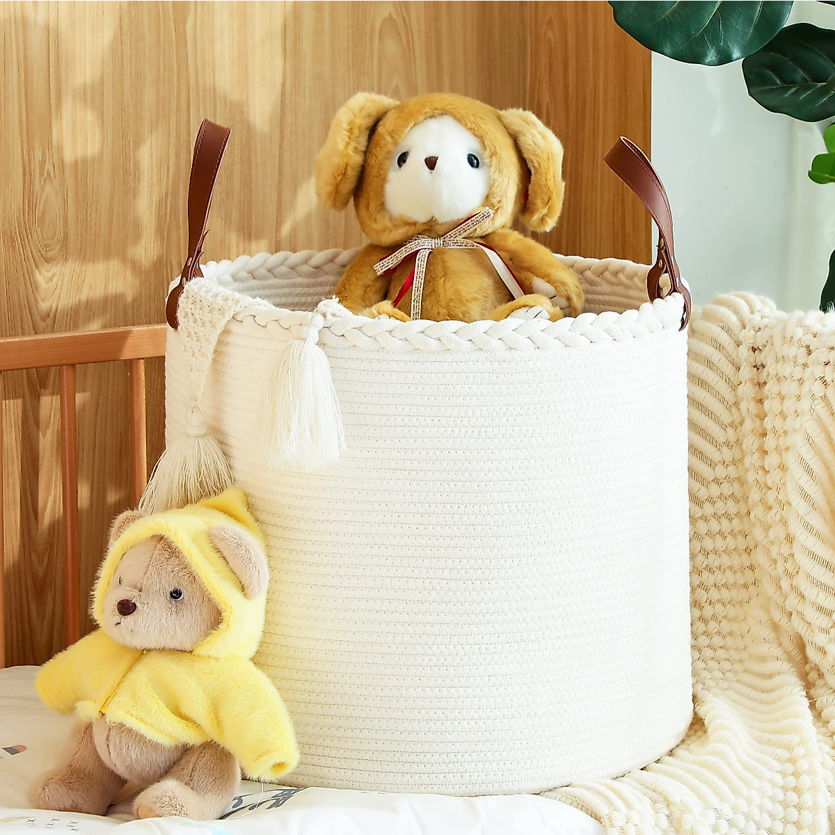 KAKAMAY Large Cotton Rope Blanket Basket (18"x16"),Woven Baby Laundry Hamper，Blanket Basket for Nursery, Laundry, Living Room, Pillows, Toys with Leather Handles （White）