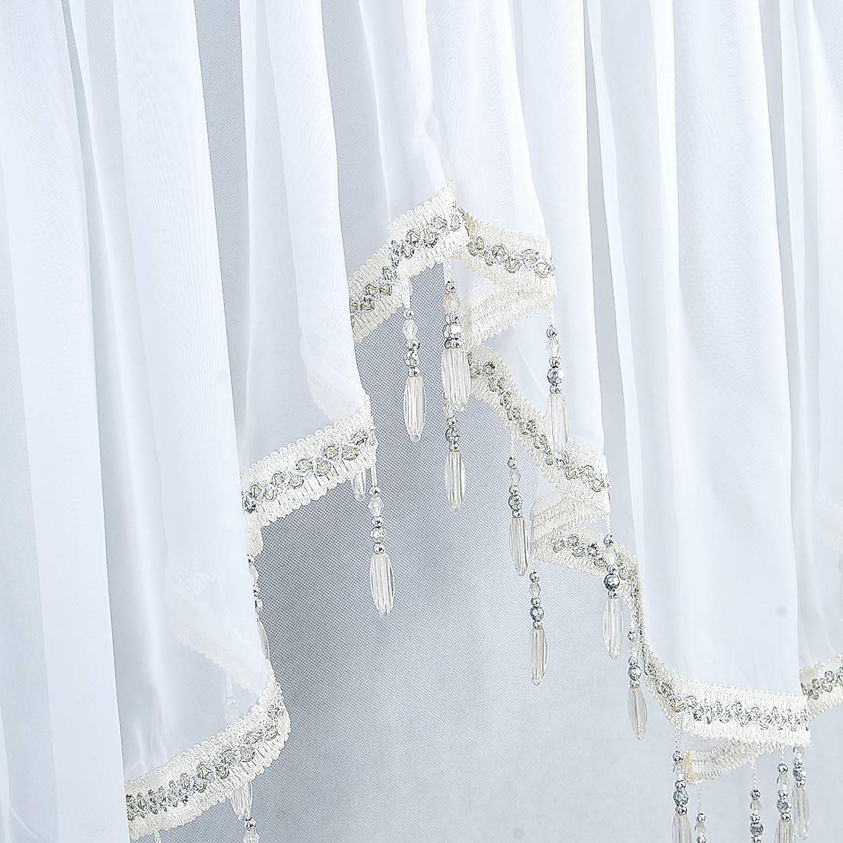 JAIJY Sheer Solid Country Curtain Drapes Window Treatment Valances Beaded Ascot Rod Pocket Curtains for Small Window Garden Living Room Home Bedroom Kitchen Cafe Farmhouse, 2 Panels, White