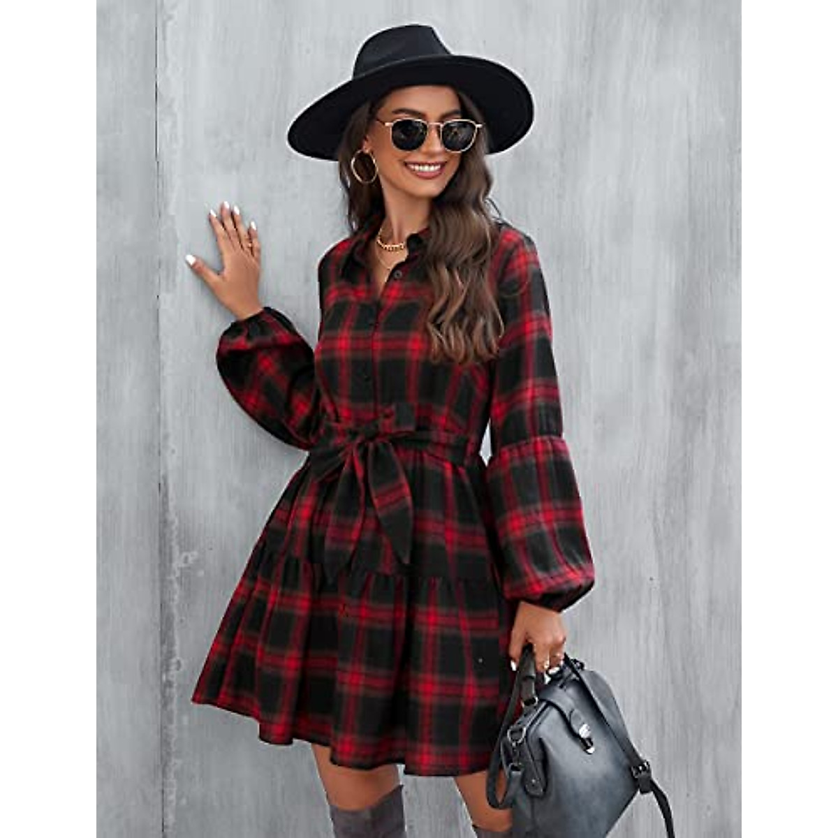 Blooming Jelly Womens Plaid Dresses Fall Long Sleeve Dress Trendy Ladies Dress Mini Babydoll Dresses with Tie Waist (Large,Red)