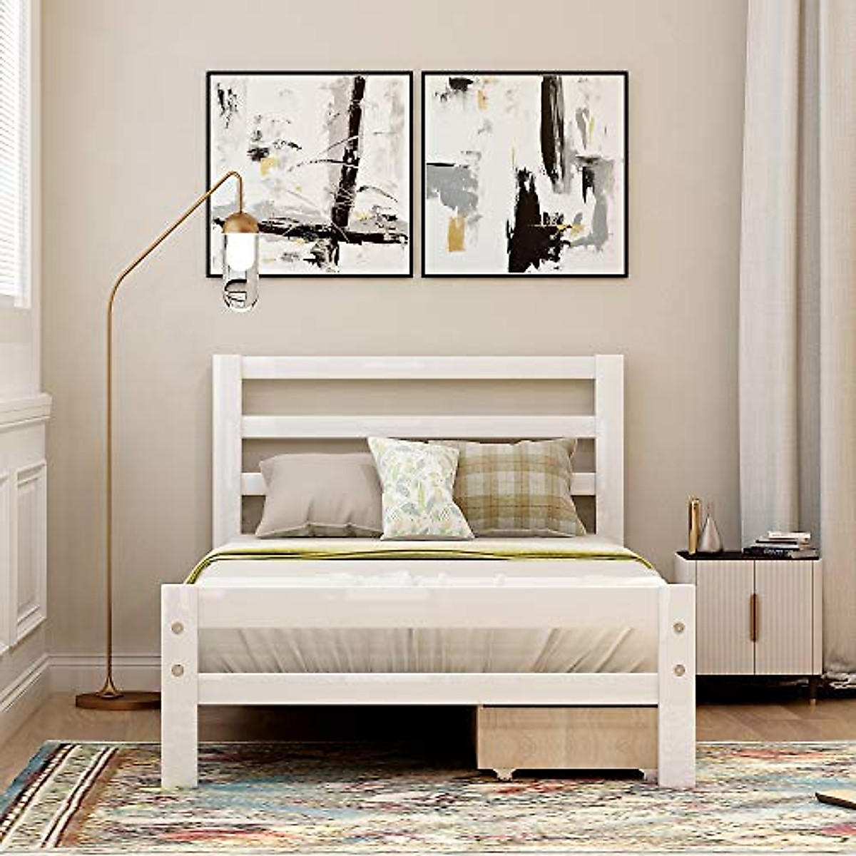 CNANXU Twin Bed Frame with Headboard and Storage Drawers, Wood Platform Bed Frames with Wooden Slat Support, No Box Sping Needed, Mattress Foundation, Easy Assemble - Twin Bed Frames (White)