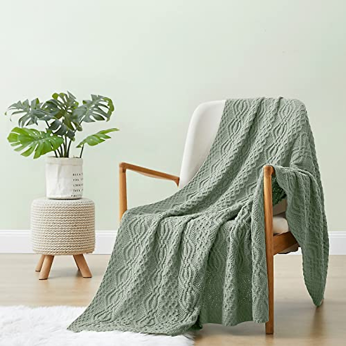 Aormenzy Sage Green Cable Knit Throw Blanket, Soft & Warm Knitted Blanket Oversized for Couch Bed Sofa Living Room, 60 x 80 inch