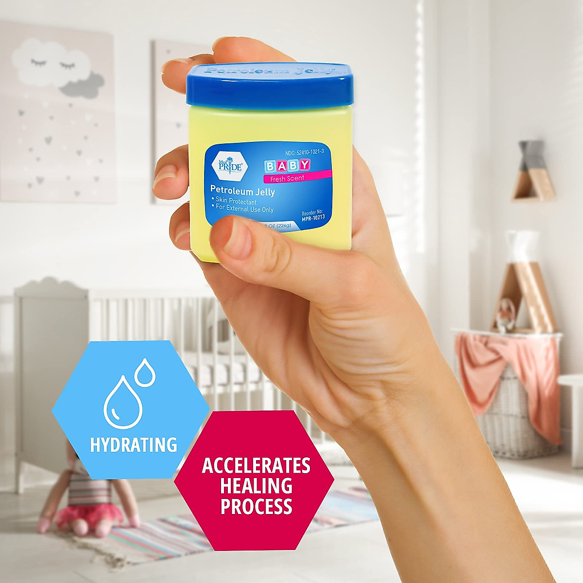 MED PRIDE Petroleum Jelly With Fresh Baby Scent - Skin Protectant For Dry Skin, Rashes, Minor Burns & Wounds- Powerful Moisturizer For Chapped Lips, Dry Hands, Chaffed Skin & Diaper Rash- 8oz [Blue]