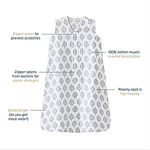 HALO Sleepsack, 100% Cotton Muslin Wearable Blanket, Swaddle Transition Sleeping Bag, TOG 0.5, Grey Tree Leaf, Large, 12-18 Months