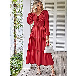 ZAFUL Women Casual V Neck Long Dress Tie Neck Solid Color High Waist Tiered Ruffle Hem A Line Swing Maxi Dresses (1-Wine, M)