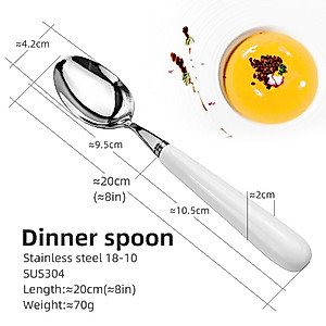 MEIYAHOME 20cm 8inch Fine Dinner Spoon with Round Edge Quality 18-10 Stainless Steel White Ceramic Handle,Soup Spoons Mirror Polishing Cutlery, Main Meal Spoon sus304 Table Spoons (4 Pcs)