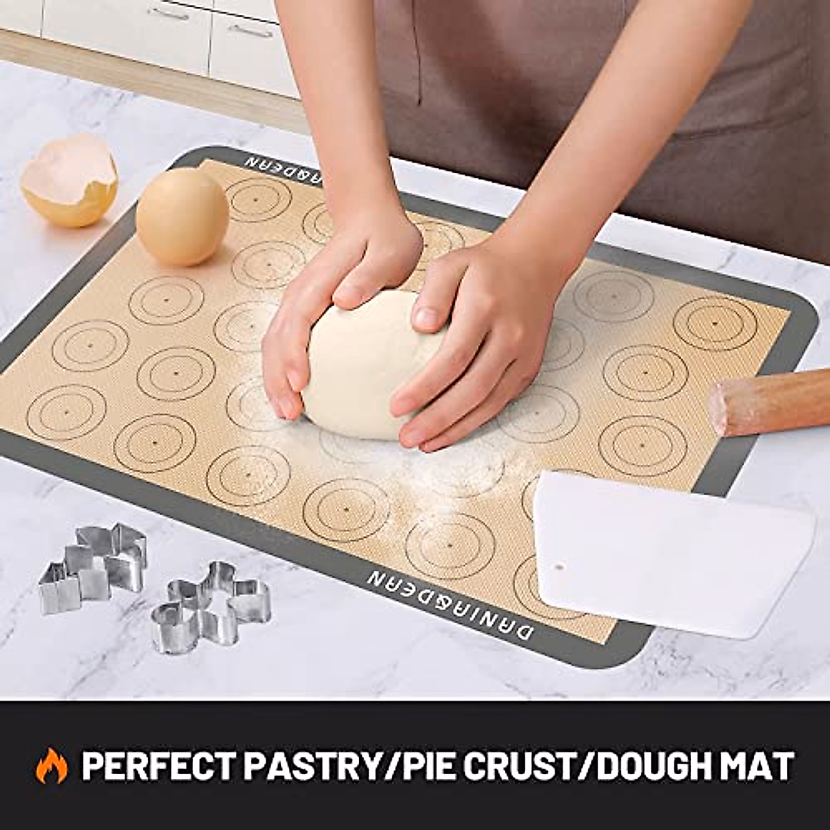Silicone Baking Mats Set of 7 Reusable Nonstick Macarons Food Safe Half Sheets, Rolling Pin, Dough Scraper, Oil brush, Cookie Cutters, Oven Liner,Fondant/Pie Crust Mat Supplies for All