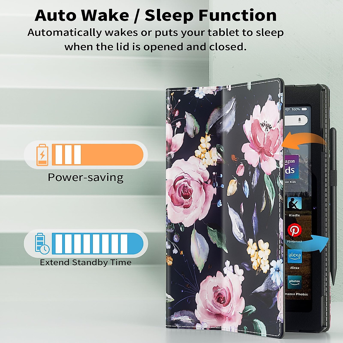 ANNAPRO Case for Amazon Kindle Fire HD 10 Tablet (ONLY Fit 11th Generation 2021 Release) & Fire HD 10 Plus Tablet - Slim Folding Stand Folio Cover with Auto Wake/Sleep and Hand Strap, Peony