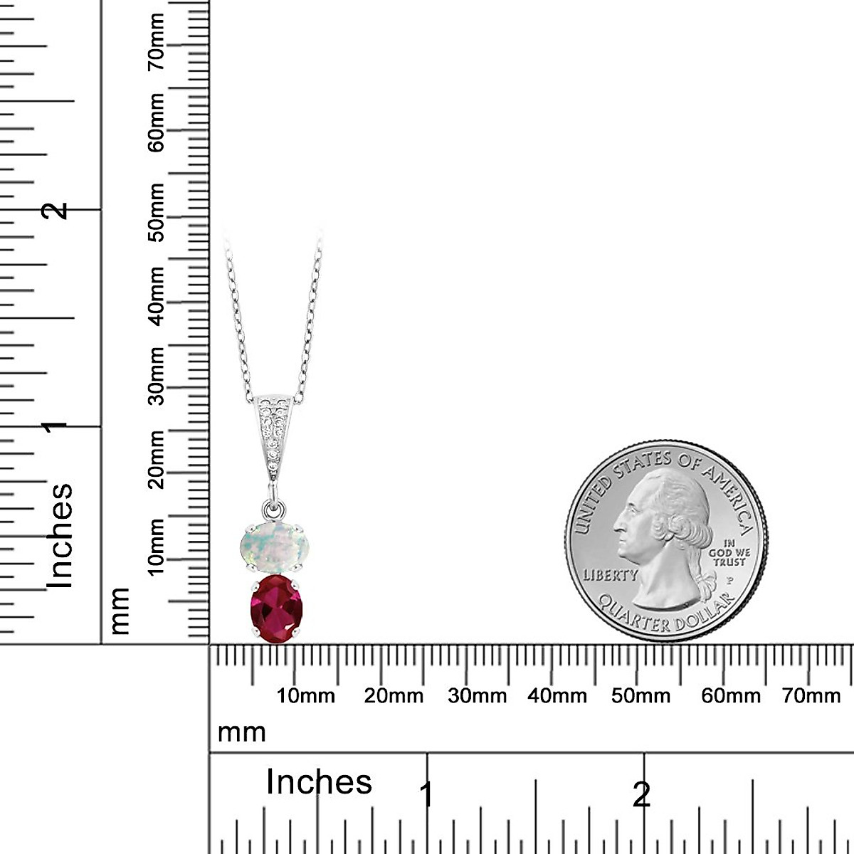 Gem Stone King 925 Sterling Silver White Simulated Opal and Red Created Ruby Pendant Necklace For Women (2.27 Cttw, Gemstone October Birthstone, Oval Cabochon 8x6MM, with 18 Inch Chain)