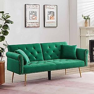 RIDFY 70”Modern 2 in 1 Velvet Futon Sofa Bed, Convertible Sleeper Couch with Legs/Pillows, Folding Upholstered Loveseat, Memory Foam Living Seat, Tufted Recliner Sofa for Home/Office (Green)