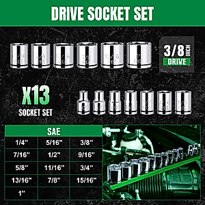 SK 3/8" Drive Socket Set, SAE Sockets, 13-Piece, 1/4" to 1", SuperKrome Finish, Premium CR-V Construction, with Aluminum Socket Organizer