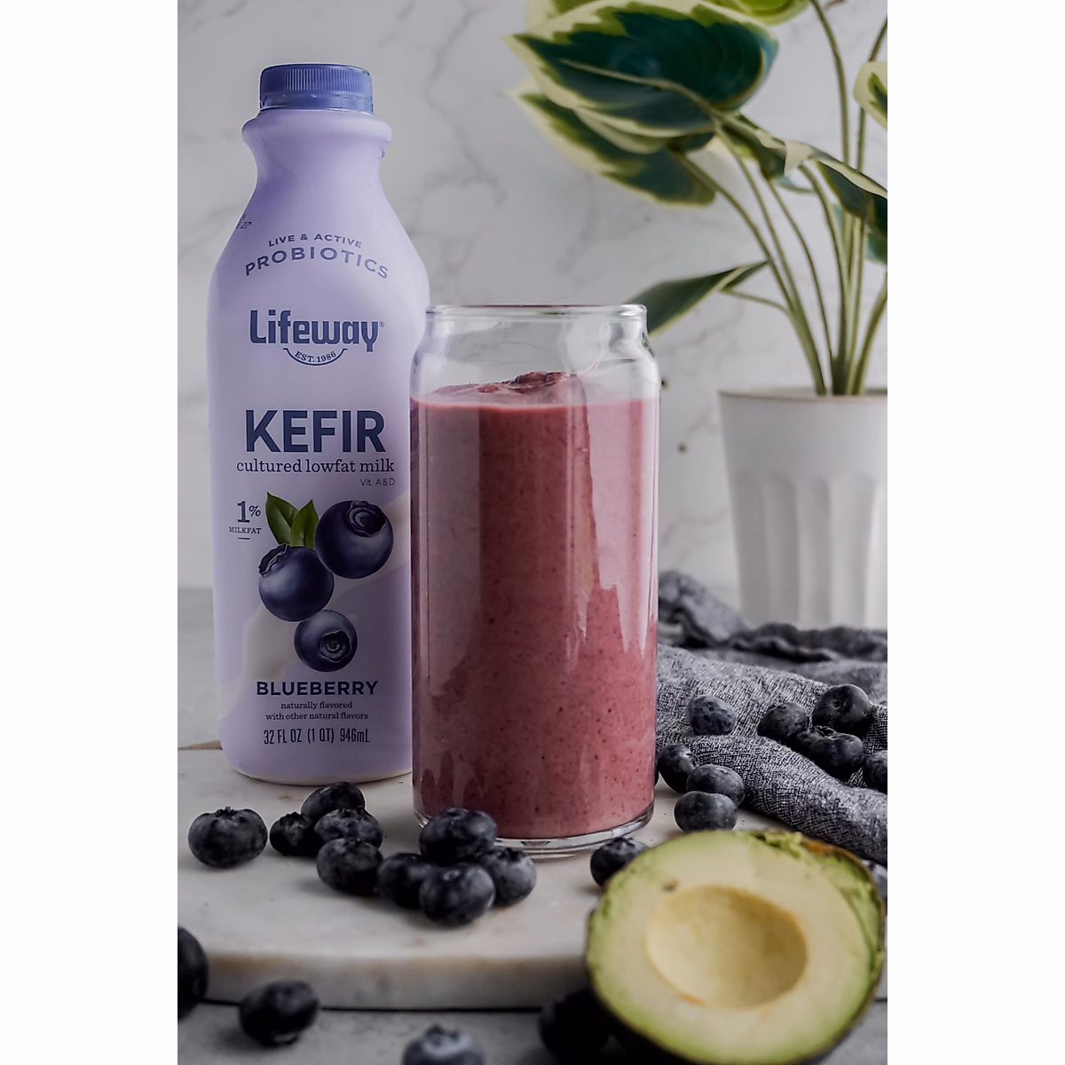 Lifeway Low Fat Kefir - 10g Protein, 12 Live Active Probiotic Cultures, Up to 99% Lactose Free, Gluten Free – Blueberry, 32 oz