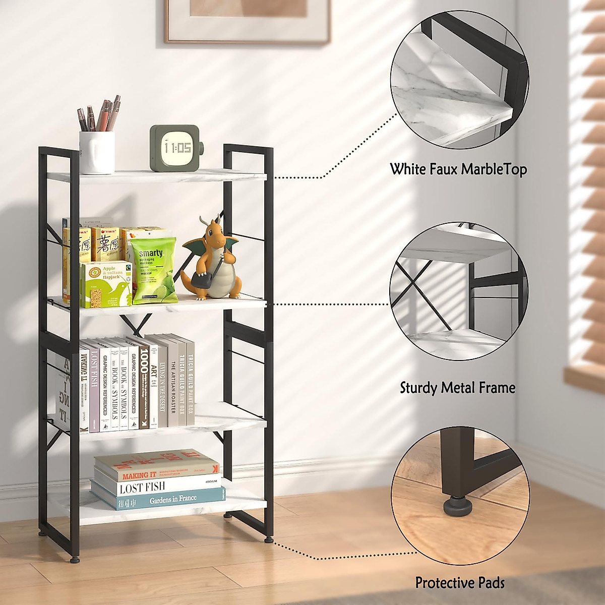 Azheruol 4 Tiers Bookshelf Adjustable White Faux Marble Organizer, Modern Small Bookcase for Small Space,Industrial Wooden Storage Display Rack and Storage Organizer for Living Room Home Office