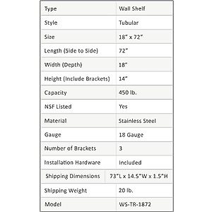 Express KitchQuip Premium Quality Stainless Steel Tubular Wall Shelf | Appliance & Equipment Metal Shelving | Kitchen, Restaurant, Garage, Laundry, Utility Room | NSF Certified | (72" Long x 18" Deep)