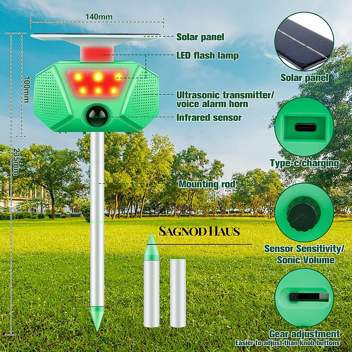 Animal Repellent UltraSonic Outdoor, Solar Power Animal Repeller, Cat/Birds/Deer/Skunk/Rat/Squirrel Deterrent Outdoor/Waterproof with 4 Modes Motion Detection Repeller for Yard,Garden,Farm,Patio.