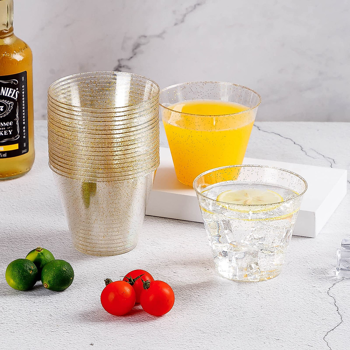 100PCS 9oz Glitter Plastic Cups for Party, Disposable Gold Cups, Plastic Cocktail Glasses for Wedding Thanksgiving, Christmas, and Parties