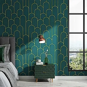 Peel and Stick Wallpaper Green and Gold Geometric Contact Paper Green and Gold Self-Adhesive Wallpaper Removable Modern Stripe Wallpaper for Walls Covering Waterproof Vinyl Rolls 17.3''x118''