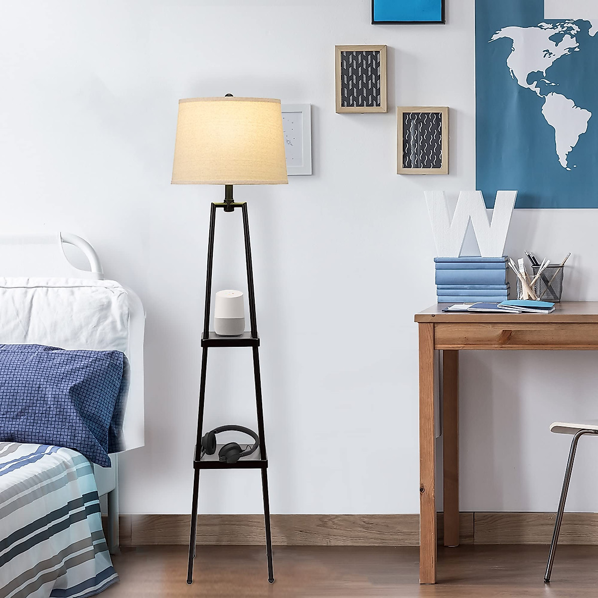 Catalina Lighting 19305-000 Modern Metal Etagere Floor Lamp with Shelves and Linen Shade, 58", Classic Black