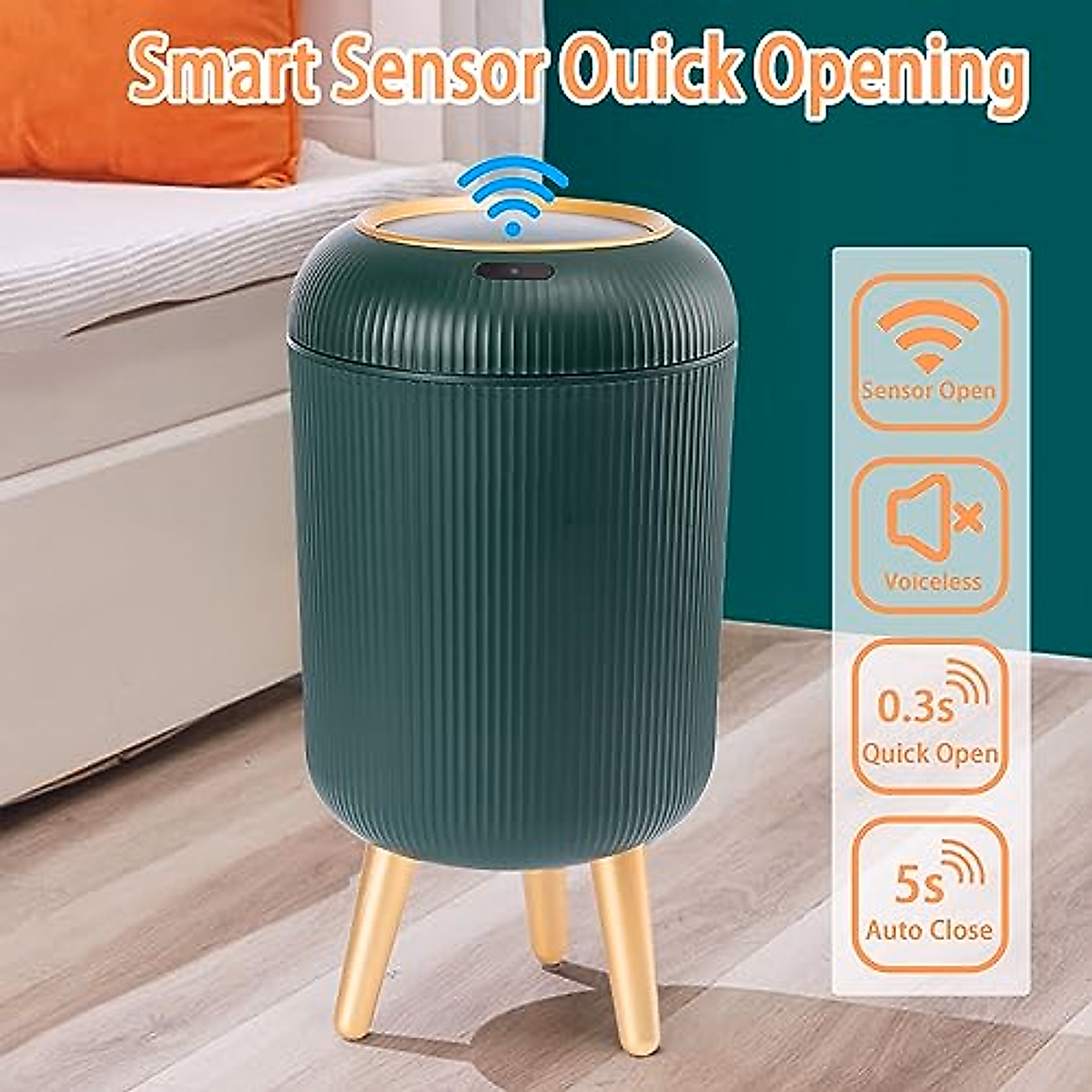 URALFA Touchless Trash Can with Lid, 3 Gallon Automatic Bathroom Trash Can Motion Sensor Kitchen Garbage Can, Plastic Electric Smart Garbage Bin Waste Basket for Bedroom, Office, Living Room, Green